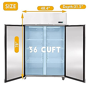 Aceland AR-48B NON-ETL 48'' W Commercial Refrigerator 2 door Stainless Reach in Solid door Upright Fan Cooling Cooler for Restaurant, Bar, Shop, Residential 36 Cu.ft, Silver