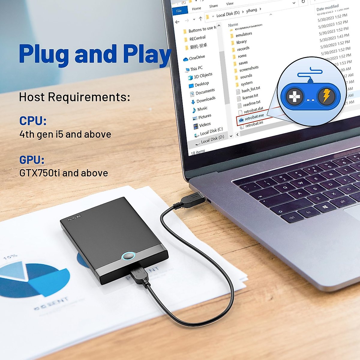 Retro Game Console Retroplay HDD - External Gaming Hard Drive Built in 60000+ Video Games,Compatible 70+ Emulators,Plug & Play Emulator Console Support SATA 3.0,USB 3.0,For Win8.1/10/11（500GB）