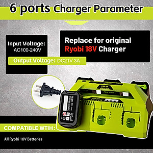CaliHutt 【 Wall-Hole】 Replace 6 Port Chrager for P135 P117 Ryobi 18V Lithium-Ion Charger Fast Charge with Power Choose Button,6 LED Indicators
