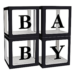 Baby Boxes with Letters for Baby Shower, 4 Transparent Balloon Boxes with 16 Letters for Boys & Girls Birthday, Gender Reveal Decorations and Wedding Party(Black)
