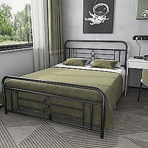 Bigbiglife Queen-Size Vintage Metal Platform Bed Frame with Headboard & Footboard, Under Bed Storage, No Box Spring Needed, Easy Assembly, Black