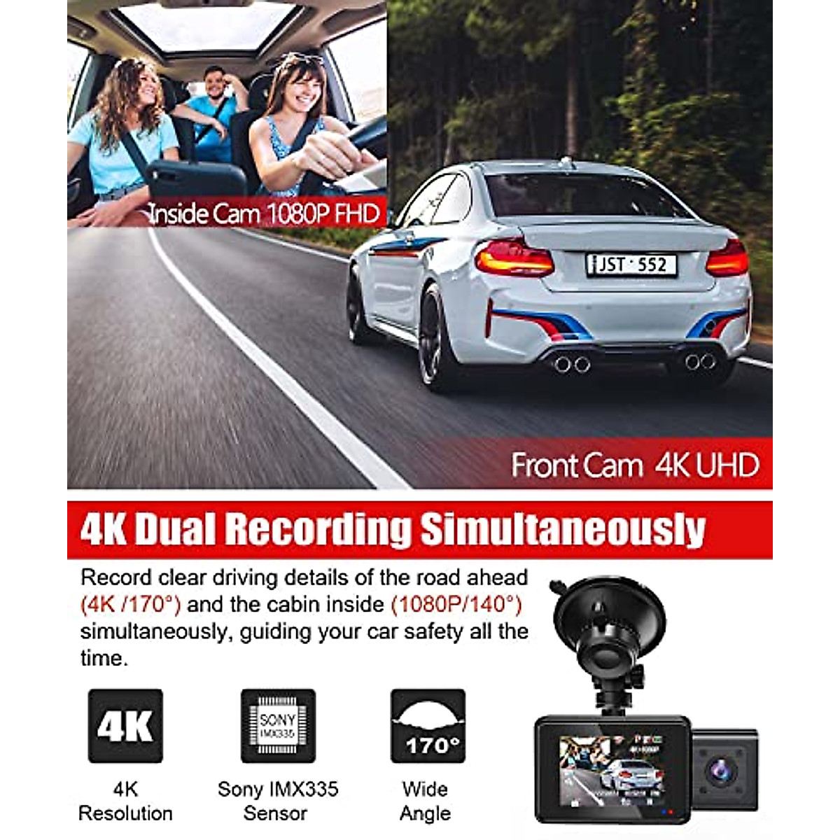 LAMONKE 4K Dash Cam with GPS, Front and Inside Dual 4K/1080P Dash Camera for Cars, Dashcam with WiFi, IR Night Vision Car Camera, 24/7 Recording Parking Mode, G-Sensor, WDR, 256GB Supported