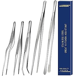 5 Pcs Kitchen Fine Tweezer Tongs, Stainless Steel Food Tweezers Set, Professional Kitchen Long Tweezer for Cooking,Repairing,Sea food,BBQ,Multi-use(12"and 6.3")