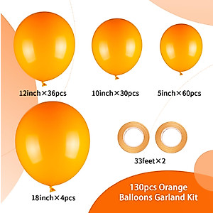 130pcs Orange Balloons Arch Kit, 18" 12" 10" 5" Different Sizes Pack Burnt Orange Latex Balloons Garland for Birthday Graduation Baby Shower Halloween Party Decorations (With 2 Ribbons)