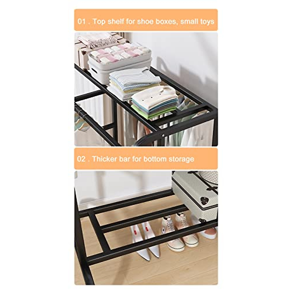 Qingluan Clothing Rack Heavy Duty Clothes Rack, Rolling Clothes Rack, Sturdy Metal Wardrobe Closet Rack for Hanging Clothes, Freestanding Closet Organizer, Max Load 520lbs,Black,47×20in/120×50cm