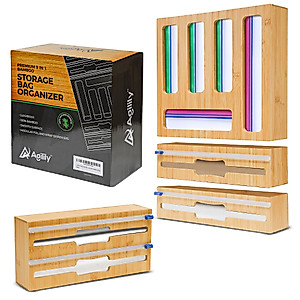 AGILILY 9 IN 1 Bamboo Storage Bag Organizer for Kitchen Drawer, Plastic Wrap and Foil Dispenser with Cutter, Compatible with Gallon, Quart, Sandwich and Snack Variety Size Bags (Natural, 3.5” High)