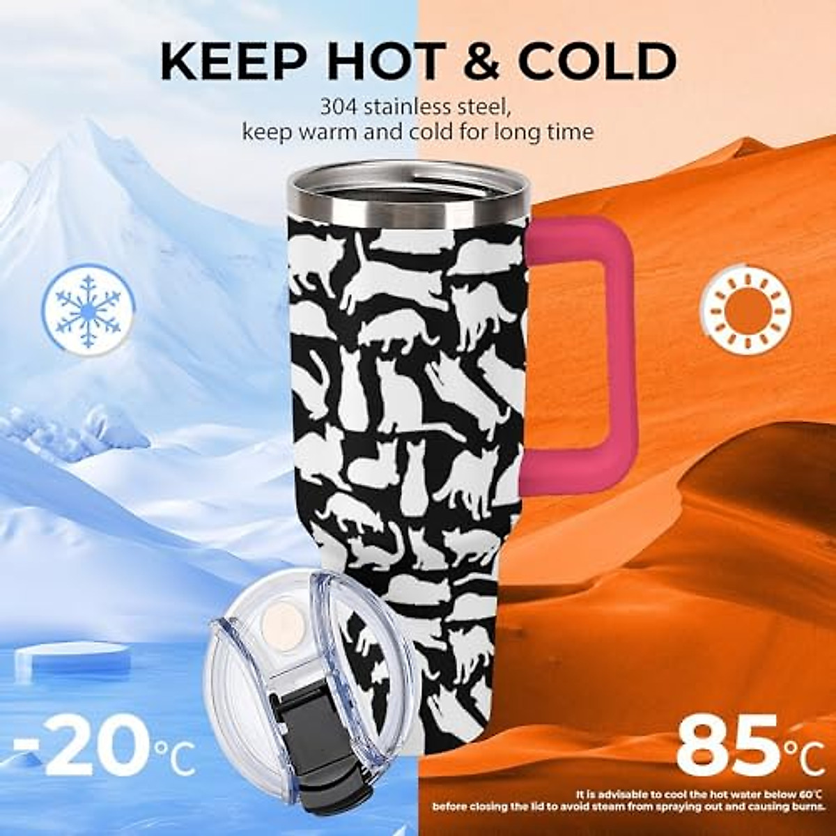 Cute Cats 40oz Water Bottle Double Wall Insulated Tumbler with Handle Leakproof Travel Mug Light Rose Red-style