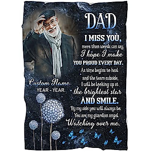 Dad Memorial Blanket| Personalized Photo&Name| Dad I Miss You| Dad Remembrance, in Heaven Father Memorial| Sympathy Gift for Loss of Father, in Memory| N2388 (50x60 inch)