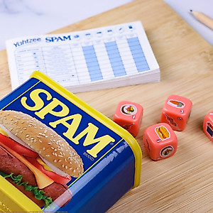 YAHTZEE Spam Brand | Collectible Yahtzee Game as Iconic Spam Can with Custom Dice | Dice Featuring Fried Spam, Spam Musubi, Spam Fries | Travel Yahtzee Game & Dice Game
