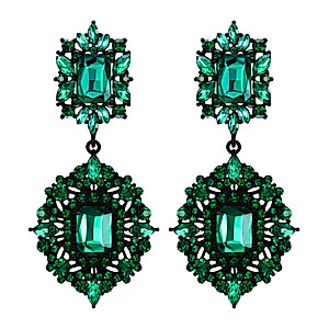Flyonce Women's Rhinestone Crystal Art Deco Vintage Style Gatsby Clip-on Dangle Chandelier Earrings Green