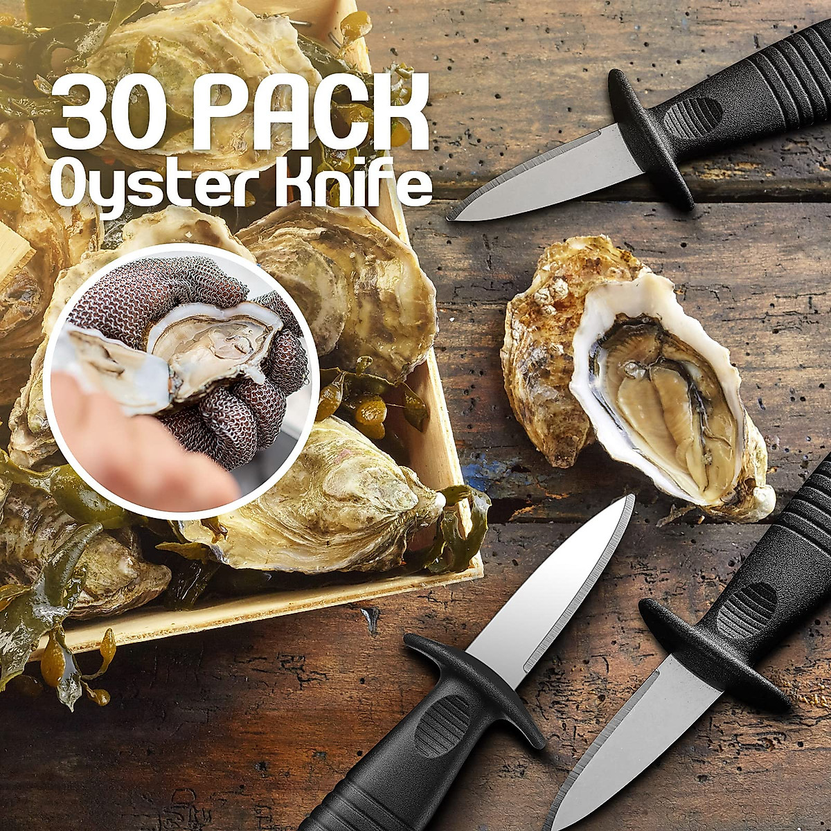 Minatee 30 Pcs Oyster Shucking Knife Stainless Steel Oyster Shucker Oyster Opener with Non Slip Handle for Clam Crab Kitchen Shrimp Shellfish Seafood Tools, 5.79 Inch (Black)