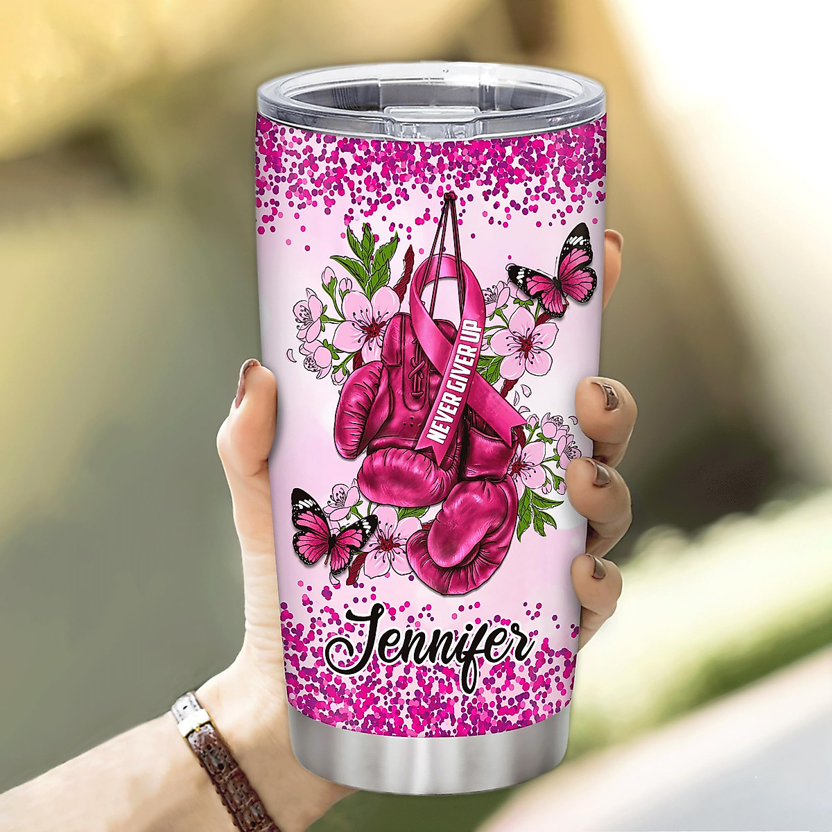 Hyturtle Personalized Breast Cancer Awareness Tumbler Gifts for Women - Birthday Christmas Gifts For Breast Cancer Warriors Survivors - Custom Name 20oz Insulated Stainless Steel Travel Tumbler