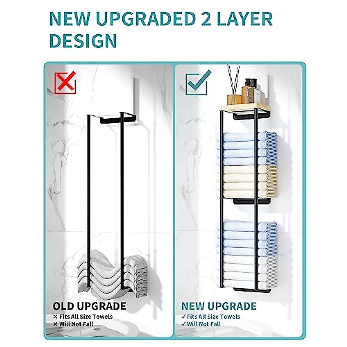 Towel Racks for Bathroom, 2 Tier Wall Towel Holder with Wood Shelf, Metal Wall Towel Rack Mounted Towel Storage for Small Bathroom （Black