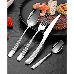 18/8 stainless steel flatware set for 8, tableware set handle France style cutlery set with knife, fork, spoon, steak knife in Diamond texture pattern, perfect as a housewarming gift