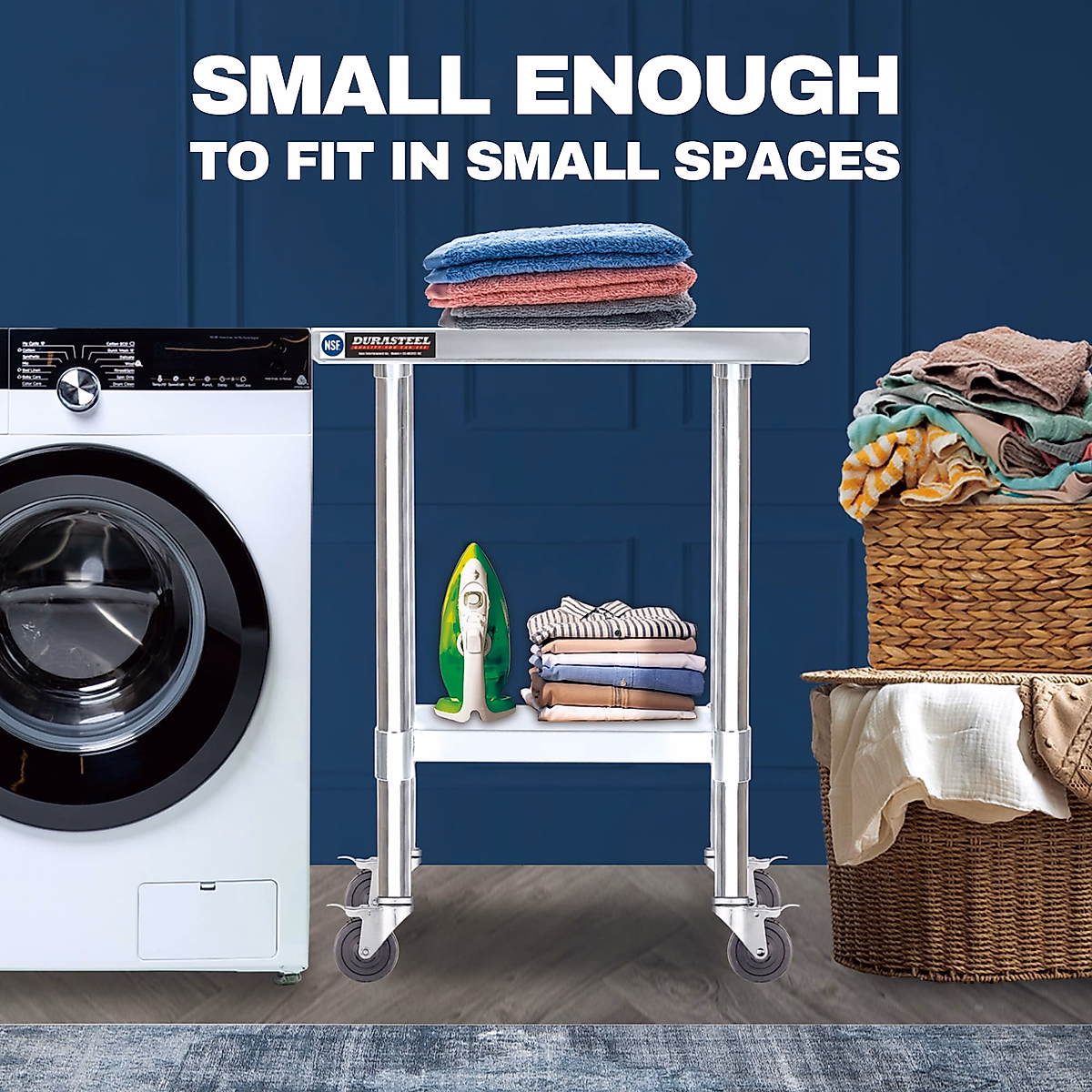 DuraSteel 24x12 Prep Stainless Steel Table - Metal Cart with Adjustable Shelf - NSF Certified Worktable with Wheels - Kitchen, Laundry, Restaurant, Home, Commercial Use