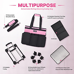 JKAOO Large Rolling Cleaning Caddy Bag with Detachable Trolley, Waterproof Cleaning Caddy on Wheels for Housekeepers, Cleaning Cart Supplies Organizer for Home,Car,Office,Picnic (Pink) (in Patent)