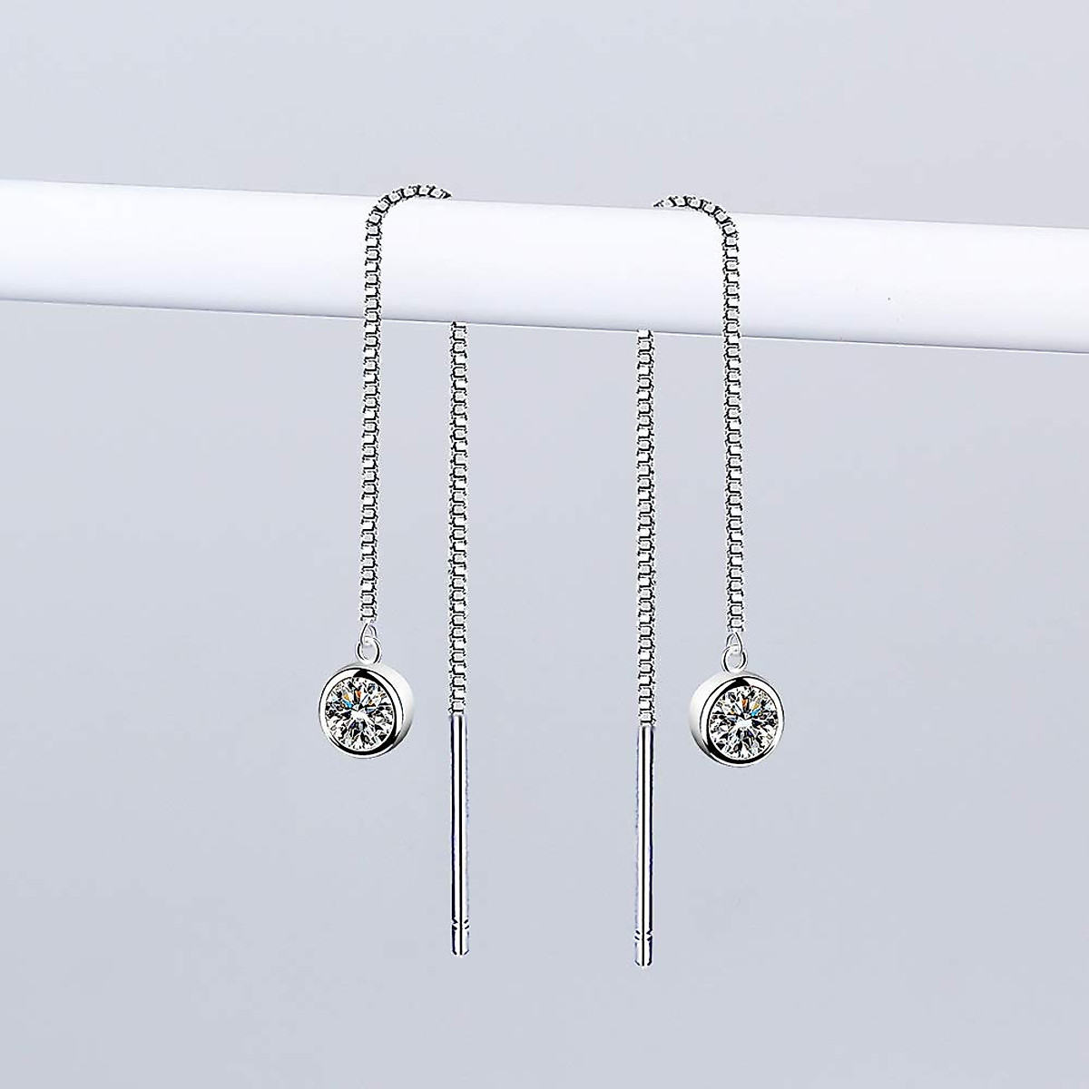 Women 925 Sterling Silver Brilliant Round Cut CZ Needle Threader Pull Through Dangle Earrings