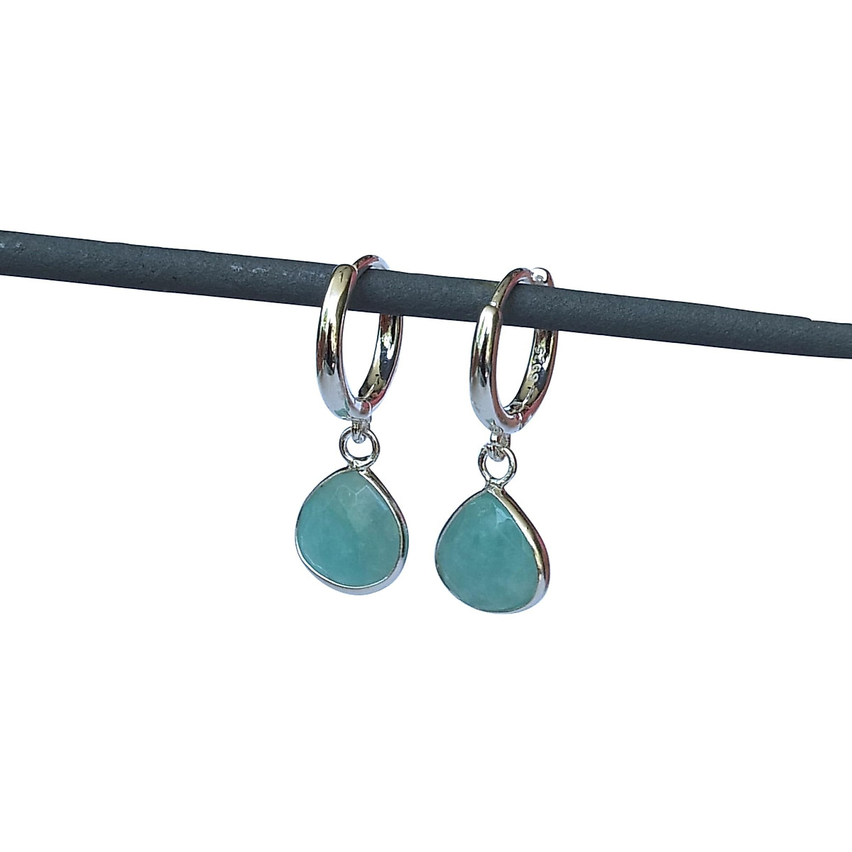 Handmade Silver Small 12MM Hoop Earrings & Pear Shape 9x9mm Amazonite Gemstone Charm, 925 Sterling Silver, Pair of Small Elegant Dainty Hoops for Women, By Miya Jewelry Creations