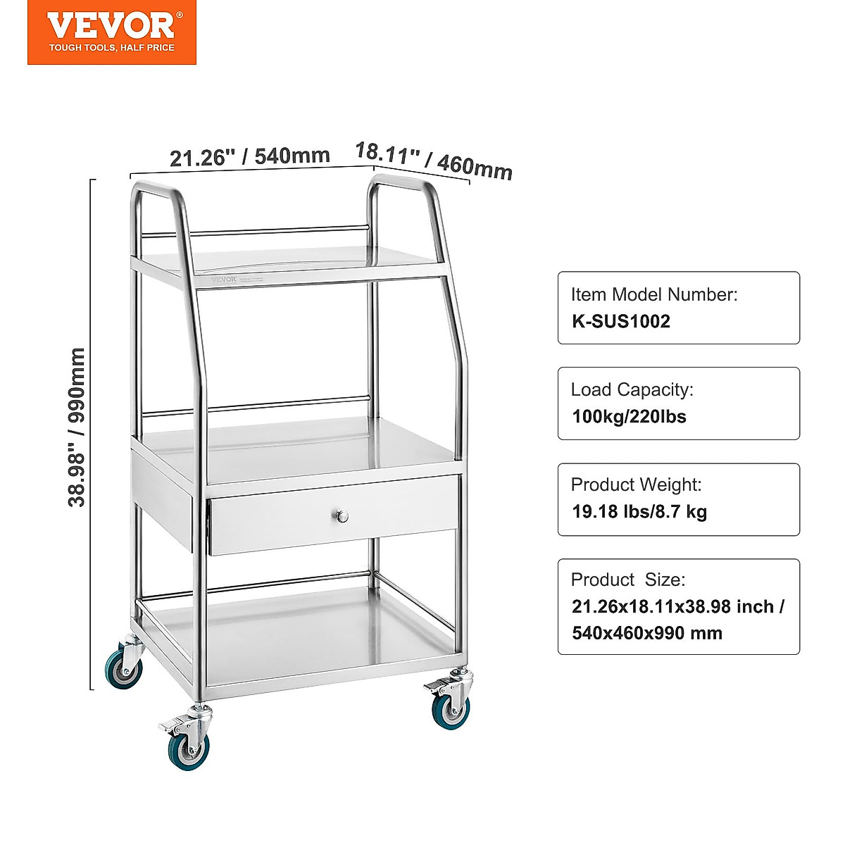 VEVOR Utility Cart with 3 Shelves Shelf Stainless Steel with Wheels Rolling Cart Commercial Wheel Dental Lab Cart Utility Services (3 Shelves/ 1 Drawer)