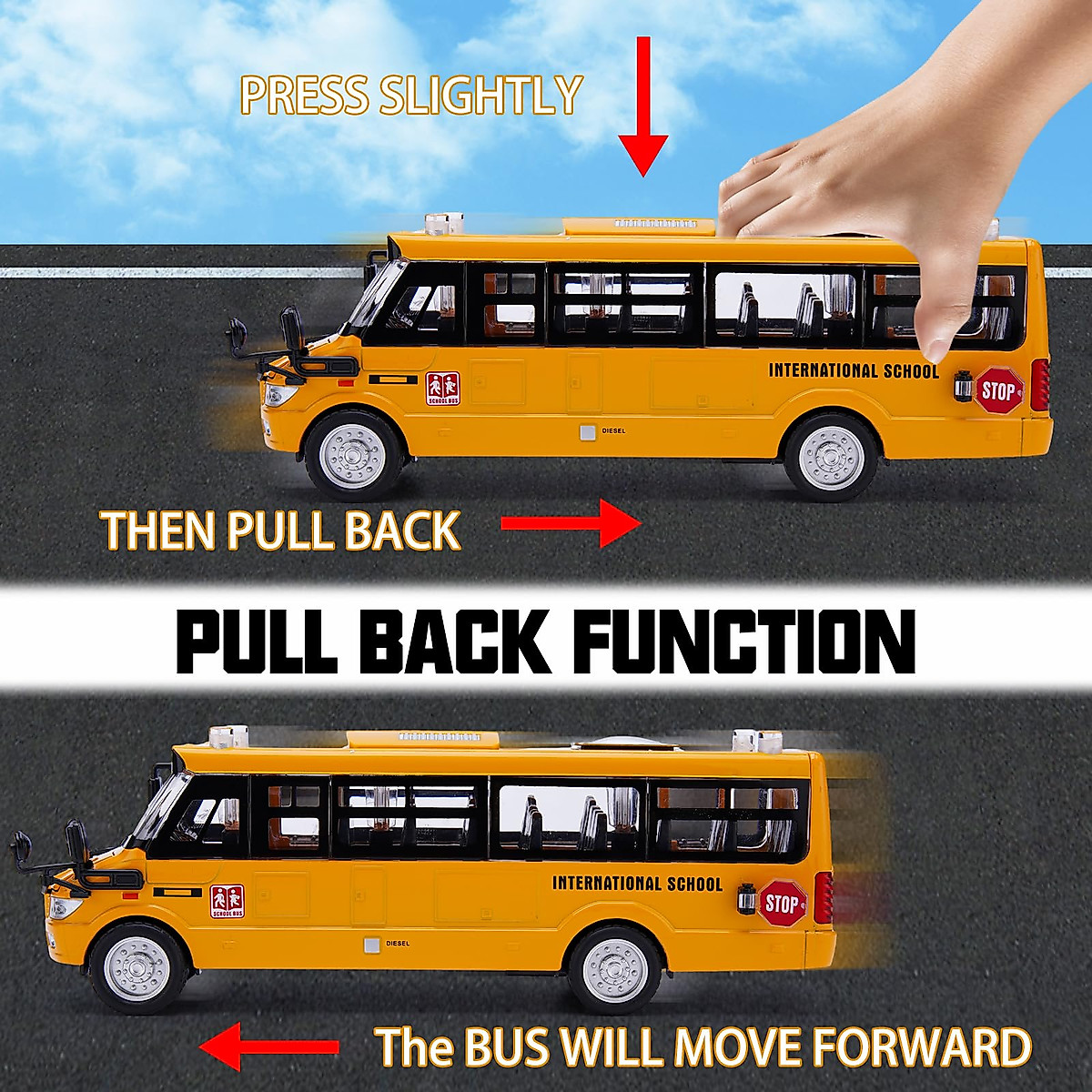 Crelloci School Bus Toy, Die Cast Pull Back 9'' Model Cars, with Lights & Sounds, Openable Doors, Large Yellow Metal Toy Vehicles, Play Bus for Boys Girls Kids Toddlers Ages 3+