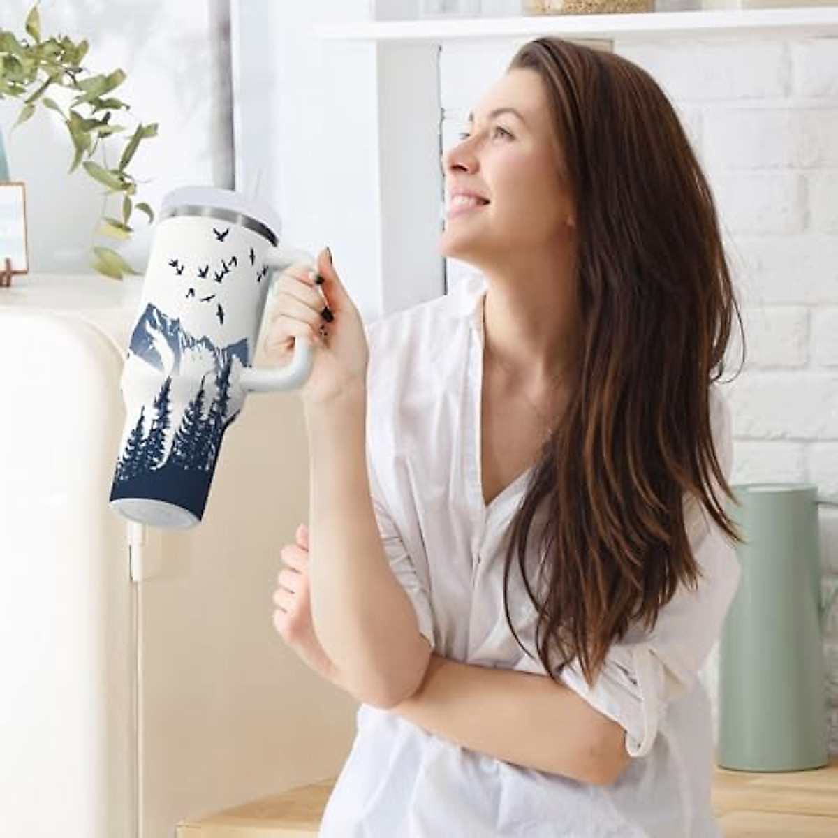 Jihqo Graffiti Mountain Tree 40 oz Stainless Steel Vacuum Insulated Tumbler with Handle and Straw Lid, Leakproof Water Bottle Double Wall Travel Mug Coffee Cup, Cupholder Friendly