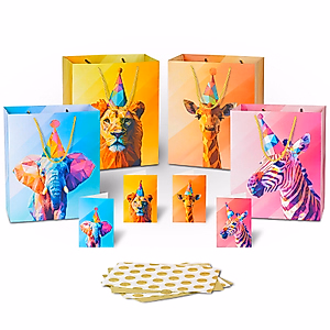 Purple Dino 13'' Large Birthday Gift Bag with Tissue Paper, Assorted Gift Bags for Kids, Happy Birthday Gift Bag for Girls and Boys, Gift Bag Set of 4