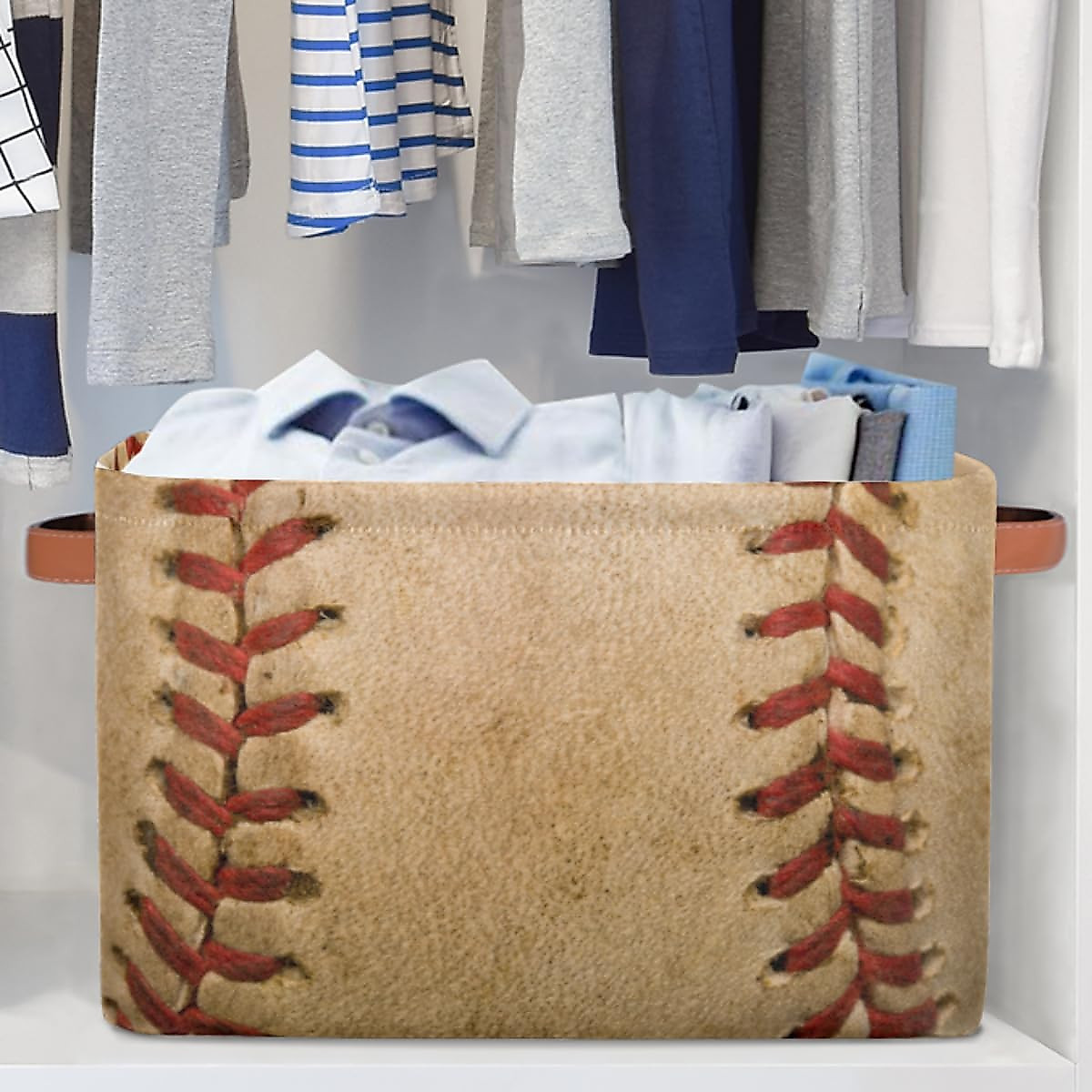 Baseball Storage Basket,Softball Large Toys Storage Cube Box with Handles, Collapsible Laundry Basket Rectangular Waterproof Storage Organizer Bin for Nursery Bedroom Playroom Shelves Gift Basket