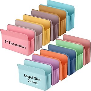 Lincia 24 PCS Legal Size Expanding File Pocket Folder Organizer 5.25 Inch Expansion File Jacket for Office School Documents, 12 Colors