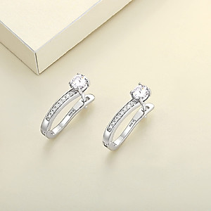 YL Women's Hoop Earrings 925 Sterling Silver U Shaped Halo Huggie Earrings 18K White Gold Plated Cubic Zirconia Jewelry