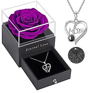 Preserved Real Purple Rose Gifts for Mom with I Love You Necklace 100 languages - Gifts Idea on Mother's Day, Valentine's Day, Birthday, Anniversary, Thanksgiving, Christmas from Daughter or Son