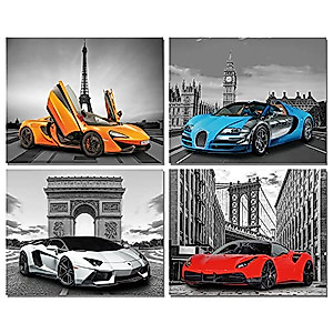 zsjcyGG Car Themed Wall Art,Car Posters for Boys Room,Canvas Car Art Print Set of 4 Unframed (10x8in)-Black and White Car Pictures for room Decor