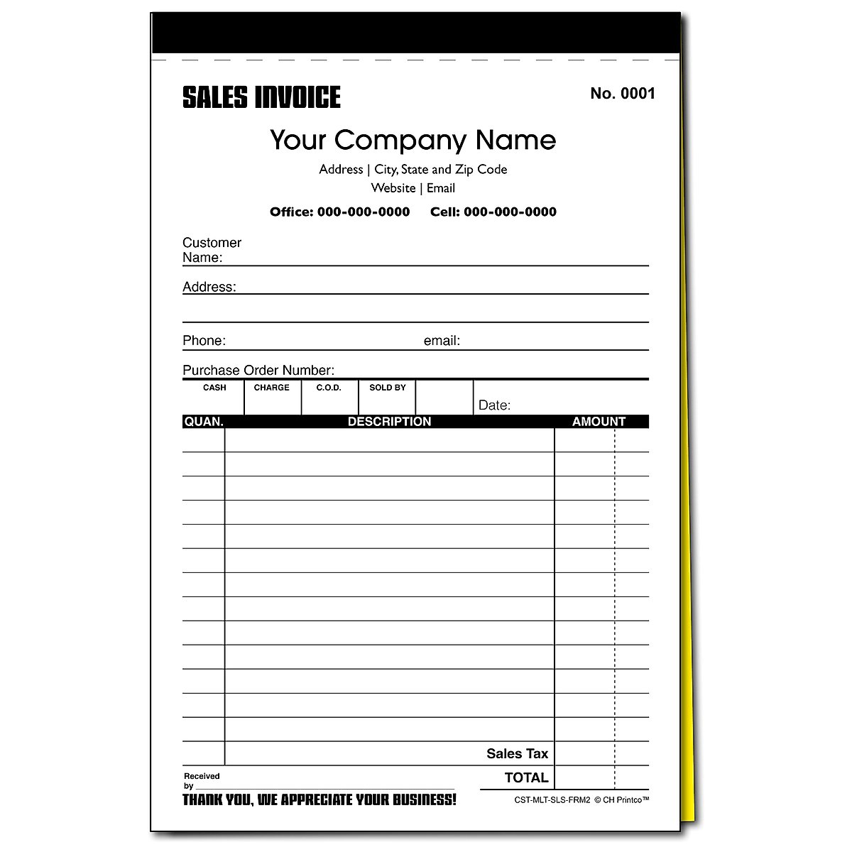 Custom Sales Invoice Personalized Duplicate Carbonless Form with Your Company Name - 2 Books (100 Sets) Numbered