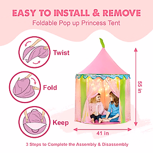 Tiny Land Princess-Tent with Star Lights & Carry Case, Pop Up Play-Tent, Princess Castle Indoor Playhouse, Foldable Kids Play Tent Outdoor, Toddler-Tent for Girls