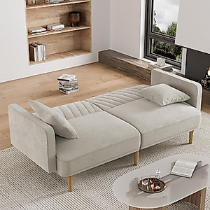 OUYESSIR Futon Sofa Bed, 75.3", Couch, Small Sofa, Sleeper Sofa, Loveseat, Mid Century Modern Velvet Futon Couch with 2 Pillows for Living Room (Grey Velvet, Futon)