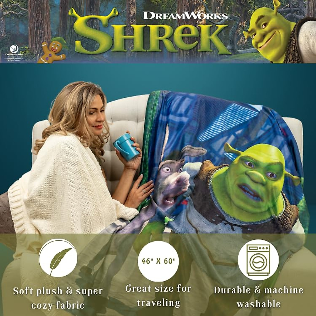 Franco Collectibles Shrek Donkey Bedding Super Soft Micro Raschel Throw, 46 in x 60 in, (Officially Licensed Product)