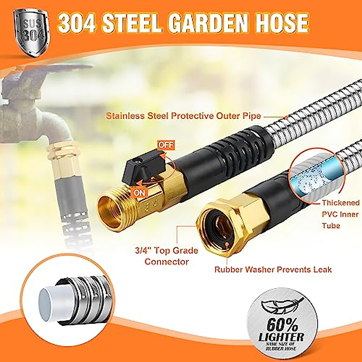 Garden Hose 100 ft Metal - Flexible Garden Hose Stainless Steel Water Hose No Kink and Tangle Outdoor Heavy Duty Collapsible Water Pipe