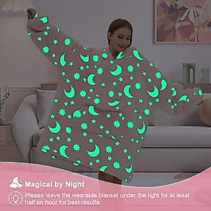 Glow in The Dark Wearable Blanket Hoodie for Adult,Oversized Sherpa Fleece Blanket Hoodie for Women Men,Luminous Moon and Stars