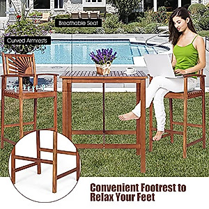 COSTWAY 3PCS Bar Table Set, Outdoor Acacia Wood Dining Set, Spacious Tabletop, Comfortable Backrest, Suitable for Sunroom, Backyard, Balcony, Space-Saving Design