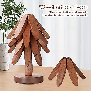 Wooden Trivets for Hot Dishes, Tree Shape Trivets Set, 4 Wooden Trivets + 1 Stand Stored Like a Christmas Tree, Sapele Wood Trivets for Hot Pots, Pans, Bowl, teapot