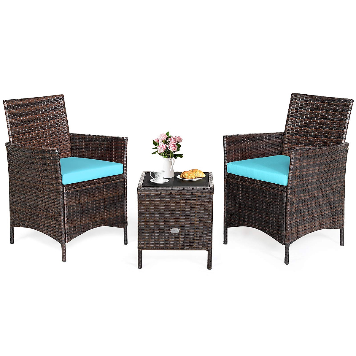 Toolsempire 3 Pieces Patio Furniture Set, Wicker Outdoor Furniture with Water-Resistant Cushion & Tempered Glass Top Table, Conversation Set Bistro Set for Porch, Balcony, Backyard (Turquoise)