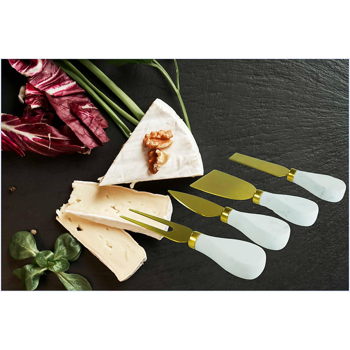 HSHQING Marble Cheese Knife Set of 4 Gold and White Charcuterie Accessories, Heavy Marble Handle Butter Spatula Sandwich Cream Knives Cheese Spreader Cutter,Housewarming Gift
