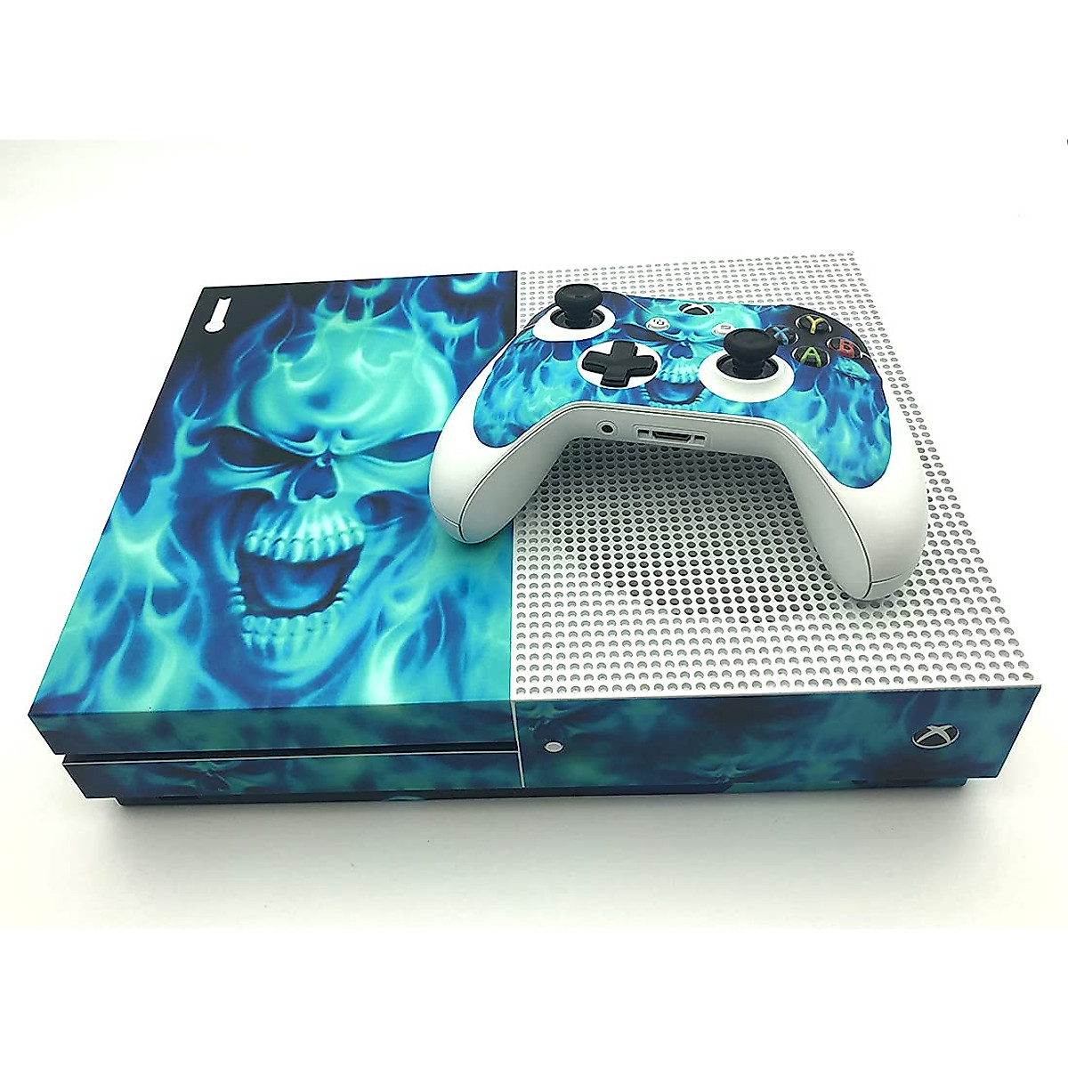 UUShop Protective Vinyl Skin Stickers for Microsoft Xbox One S with Two Free Wireless Controller Decals Blue Flame Fire Skull