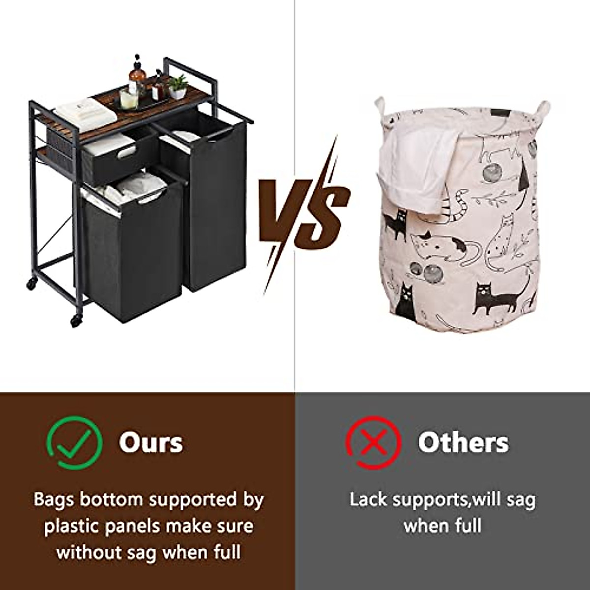 Unovivy Double Laundry Hamper with Drawer, Laundry Basket with 2 Removable Laundry Sorter Bags, Oxford Fabric, Metal Frame, Clothes Hamper for Bathroom, Dorm, Laundry Room (Rustic Brown)