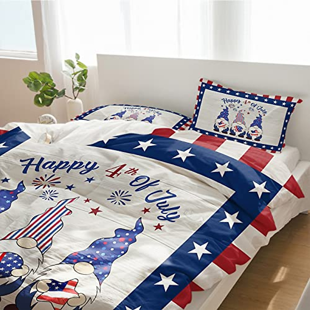 3 Pieces California King Bedding Duvet Cover Sets,Independence Day Patriotic Gnome Ultra Soft Bed Set with 2 Pillow Shams for Bedroom Star and Red White Stripe,Luxury Quilt Covers for All Season