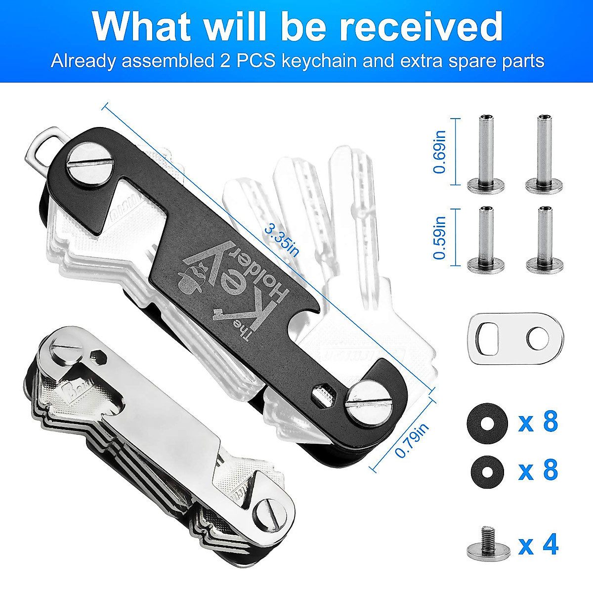 2PCS Key Organizer Keychain, Compact Key Holder Keyring, Smart & Light-weight Multi-tool Folding Key Chain with Bottle Opener/Phone Stand (Up to 6~10 Keys, Black & Silver)