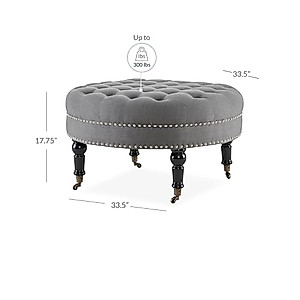BELLEZE Modern 34 Inch Round Linen Ottoman with Caster Wheels, Contemporary Classic Footsool Bench with Button Tufted Top, Nailhead Trim, Wood Legs - Ravenna (Elephant Grey)