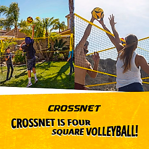 CROSSNET 4-Way Volleyball Net with Carrying Backpack & Ball - 4 Square Volleyball Game Set for Adults and Kids - Quick Assemble Outdoor Game - Backyard Yard Games