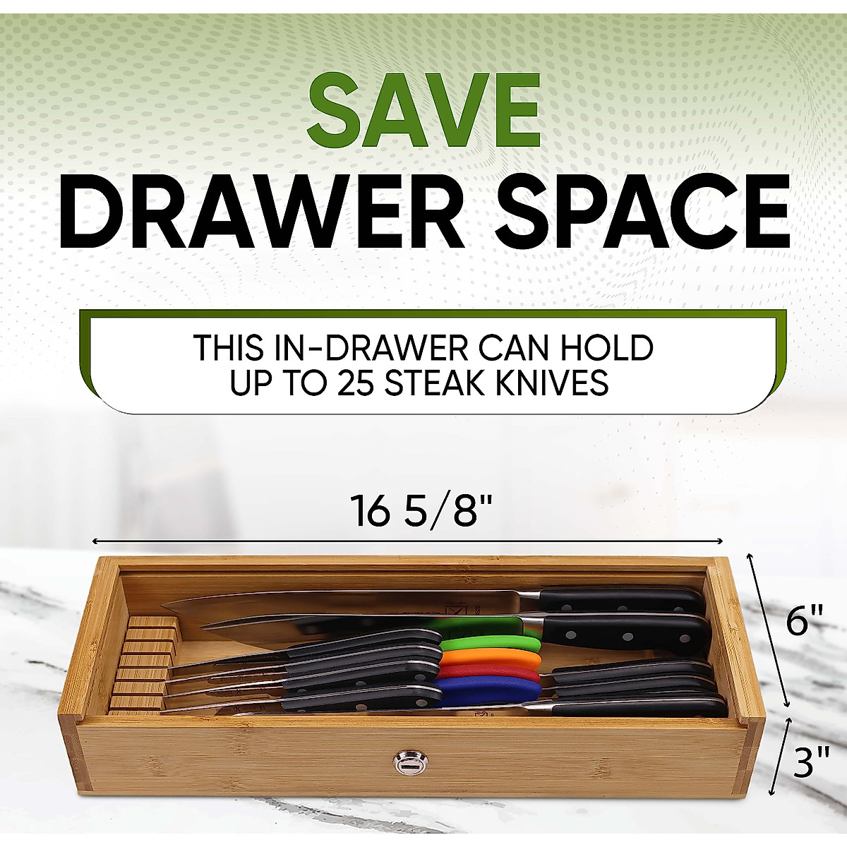 Kid Safe In-Drawer Bamboo Sharp Knives Holder & Organizer. (Knives Not Included). Multi Purpose Lock Box. Only 5.5 Inches Wide. Holds up tp 25 Knives. Best Knife Block Alternative!