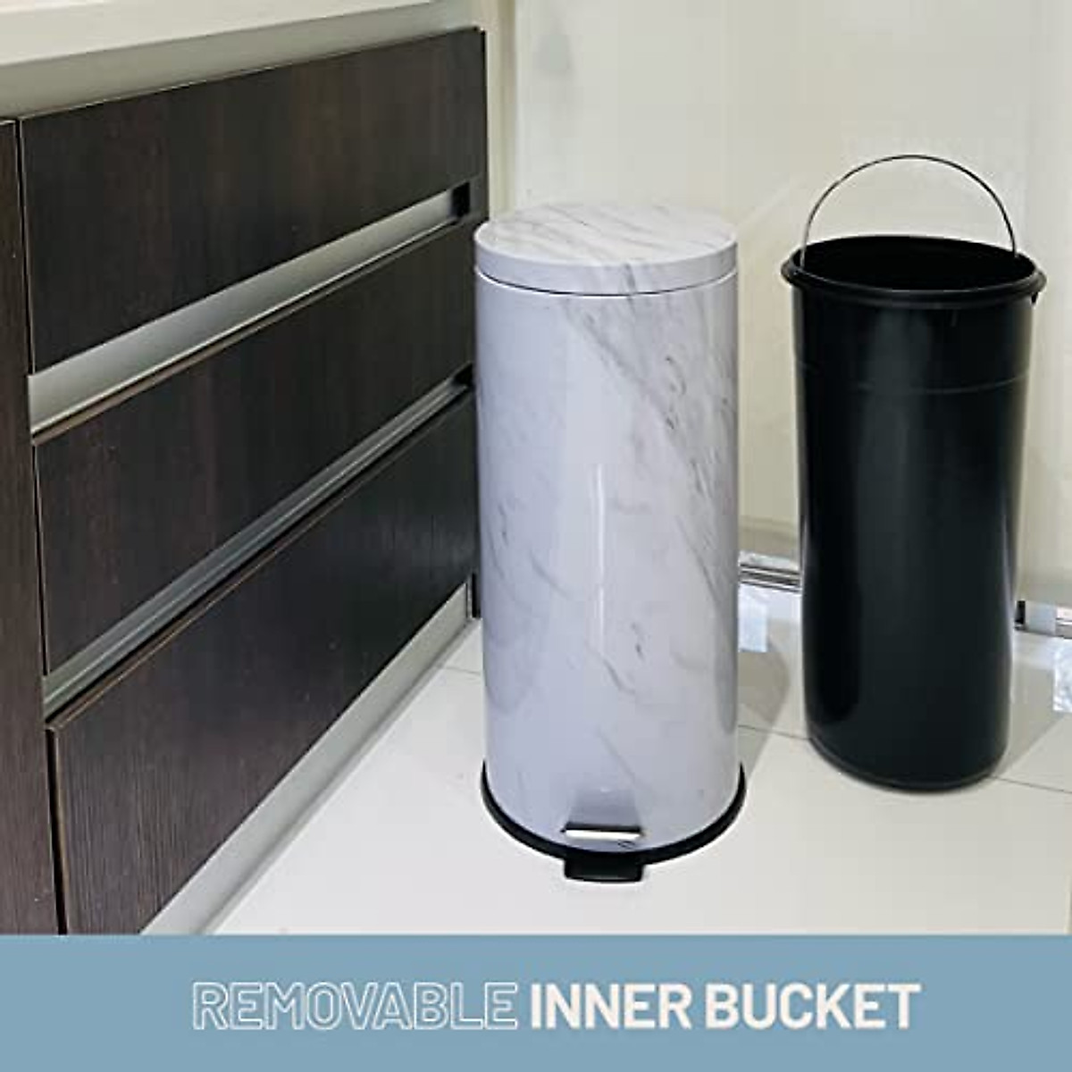 AWENN - Kitchen Garbage Trash Can with Lid and Pedal - Touchless Round Shape Waste Bin - Stainless Steel Dustbin with Removable Inner Bucket for and Outdoors – White (7.9 Gallon – 29 Liters)