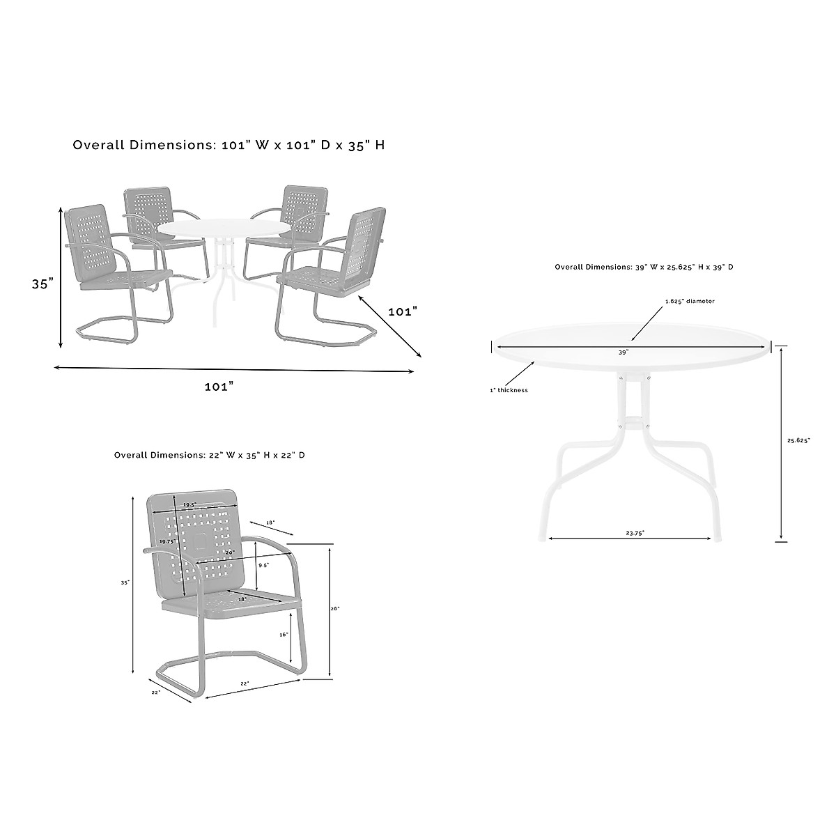 Crosley Furniture Bates 5-Piece Outdoor Dining Set for 4, Retro Metal Round Patio Table and Chairs for Deck, Bright Red Gloss